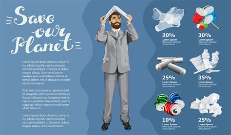 벡터 정보 차트 또는 인포그래픽 다른 재활용 쓰레기의 개념 적 이미지 노트북과 비문을 가진 남자는 우리의 지구를 저장 가방에