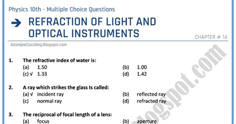 Refraction Of Light And Optical Instruments Mcqs Multiple Choice Questions For Physics Class