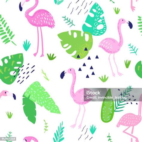 귀여운 플라밍고와 팜 열 대 원활한 패턴 단풍 벽지 직물 포장지 장식 유치 여름 배경 벡터 일러스트 레이 션 0명에 대한 스톡 벡터 아트 및 기타 이미지 Istock