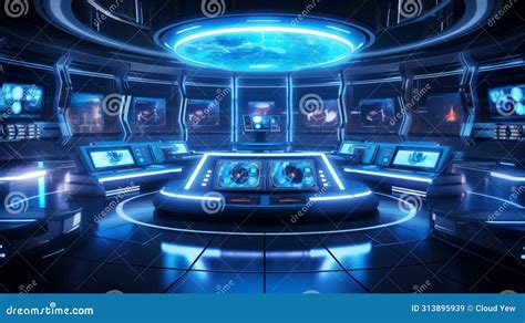 A High Tech Control Center With Holographic Screens For A Tech Theme Stock Illustration