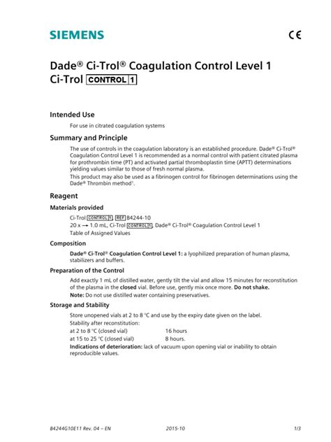 Dade Ci Trol Coagulation Control Level 1 Rev 04 Dxdcm