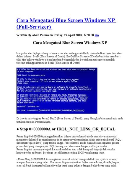 Cara Mengatasi Blue Screen Windows Xp Pdf Komputer