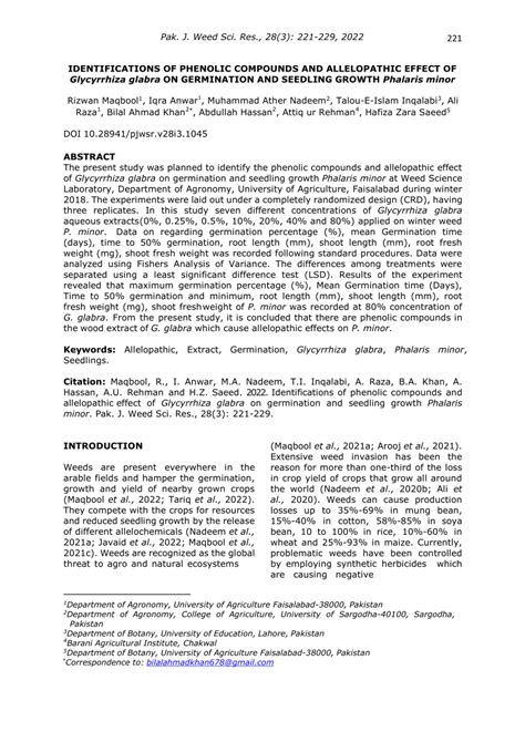 Pdf Identifications Of Phenolic Compounds And Allelopathic Effect Of Glycyrrhiza Glabra On