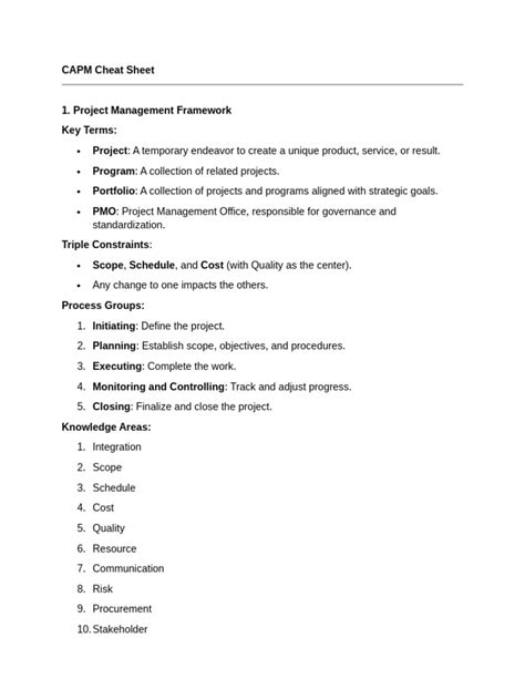 Capm Cheat Sheet Pdf Business