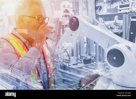 engineer using tablet control robot arm in production line for robotic