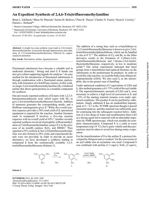 Pdf An Expedient Synthesis Of 2 4 6 Tris Trifluoromethyl Aniline