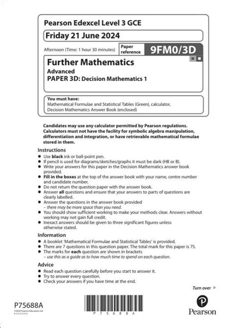 Pearson Edexcel Level 3 Gce Further Mathematics Advanced Paper 3d