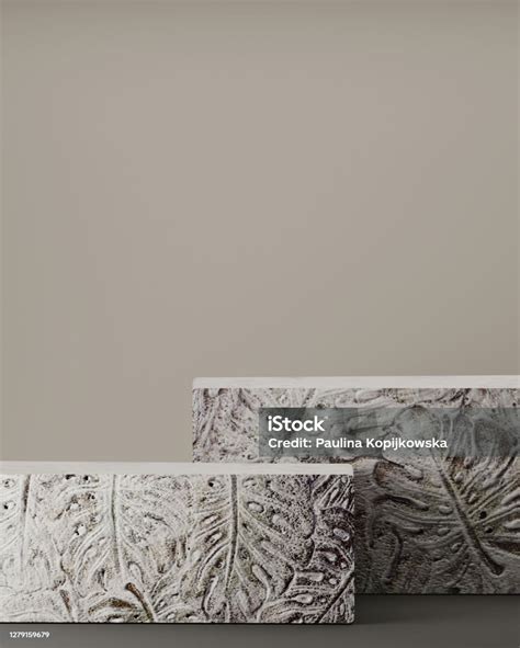 3d 배경 돌 연단 디스플레이 세트 회색 배경에 몬스터 잎 콘크리트 천연 바위 받침대 미용 미용 이나 제품 프리젠 테이션을위한 최소한의 장면 추상 템플릿 3d 렌더링 3차원