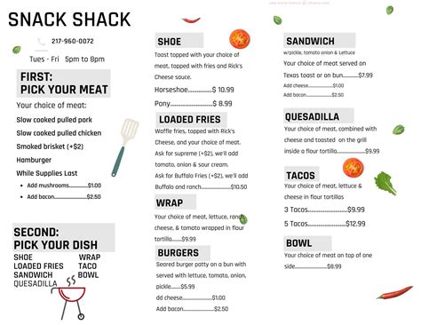 Menu At Snack Shack Restaurant Divernon