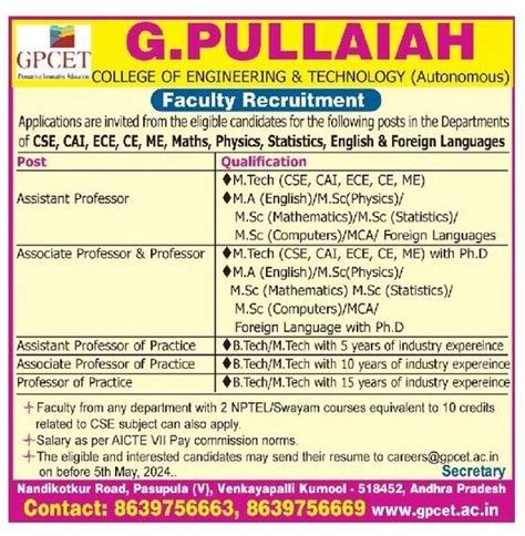 G Pullaiah College Of Engineering And Technology Kurnool Faculty Recruitment Facultytub