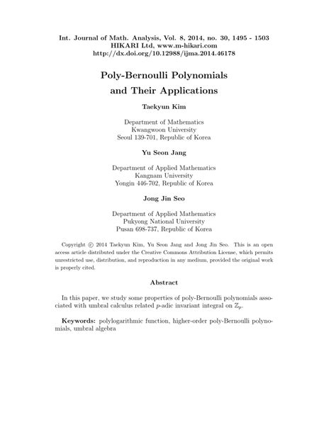 Pdf Poly Bernoulli Polynomials And Their Applications