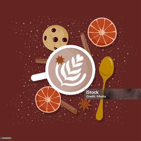 라떼 아트 탑 뷰가있는 정물 찻 숱가락 초콜릿 쿠키 마른 오렌지 스틱 계피 스타 아니스와 우유와 커피 컵 가을에는 아늑한 분위기