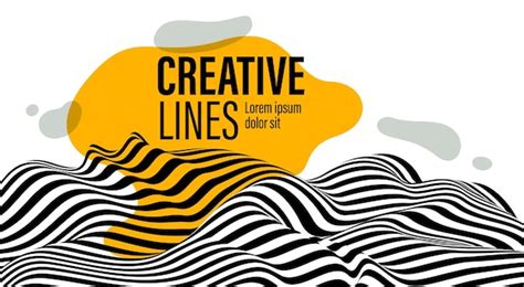 노란색 유체 표시 배경 흑백 곡선 선형 원근 차원 지형 광학 패턴이 있는 추상 벡터 3d 라인 프리미엄 벡터