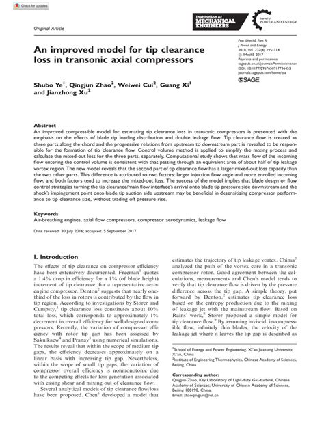 Ye Et Al 2017 An Improved Model For Tip Clearance Loss In Transonic Axial Compressors Pdf
