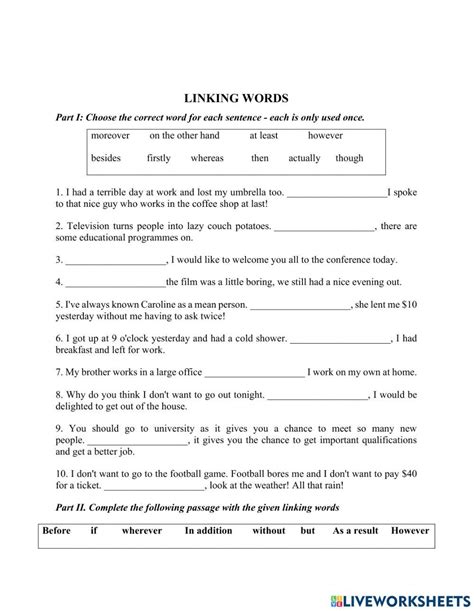 Impact 1 Linking Words Worksheet Live Worksheets