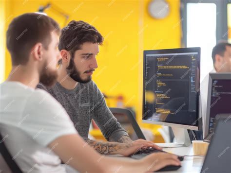 Young Developers Collaborating On Code In Modern Office With Yellow Background Premium Ai