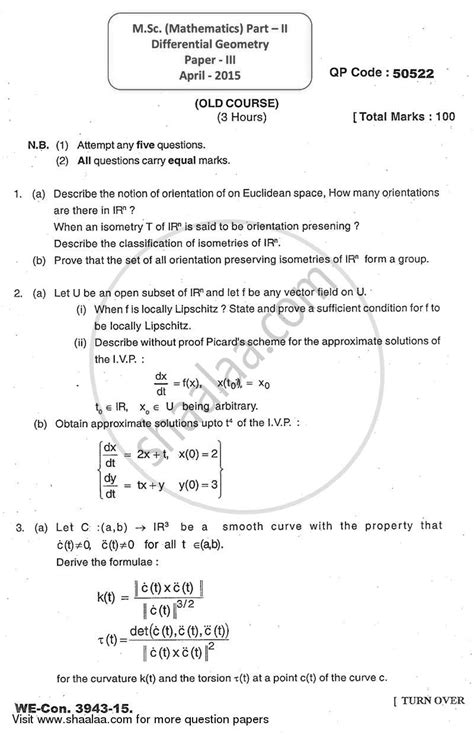 Differential Geometry 2014 2015 Ma Mathematics Idol Correspondence Part 2 Question Paper