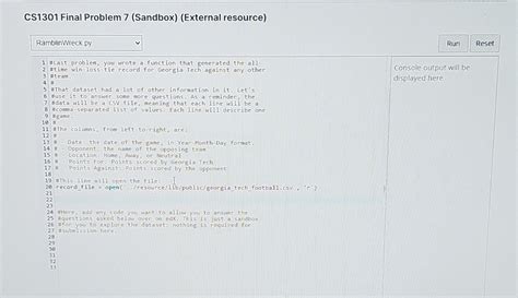 Solved Cs1301 Final Problem 7 Sandbox External Resource