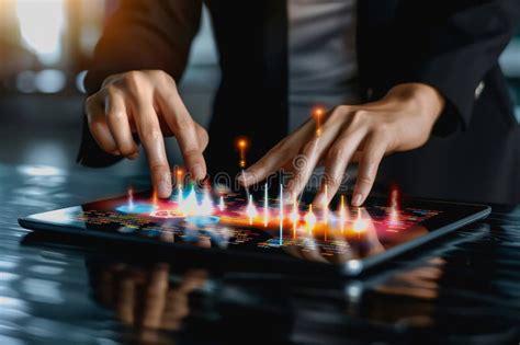 Professional Analyzing Dynamic Charts On Futuristic Holographic Tablet Stock Illustration