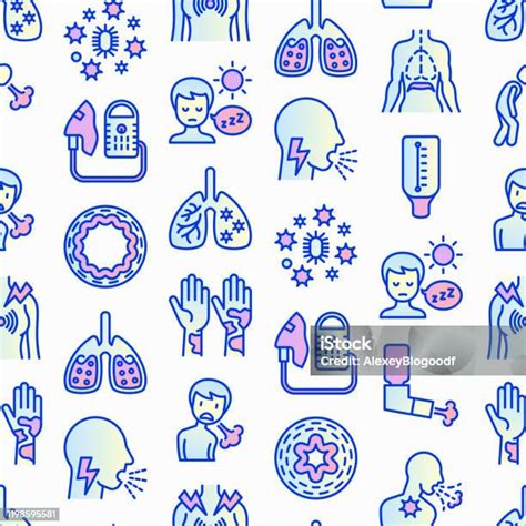 얇은 라인 아이콘 천식 원활한 패턴 알레르겐 호흡 곤란 기침 천명 흉통 횡격막 천식 발작 두드러기 가래 피크 유량계 흡입기 분무기 현대 벡터 그림입니다 천식에 대한 스톡