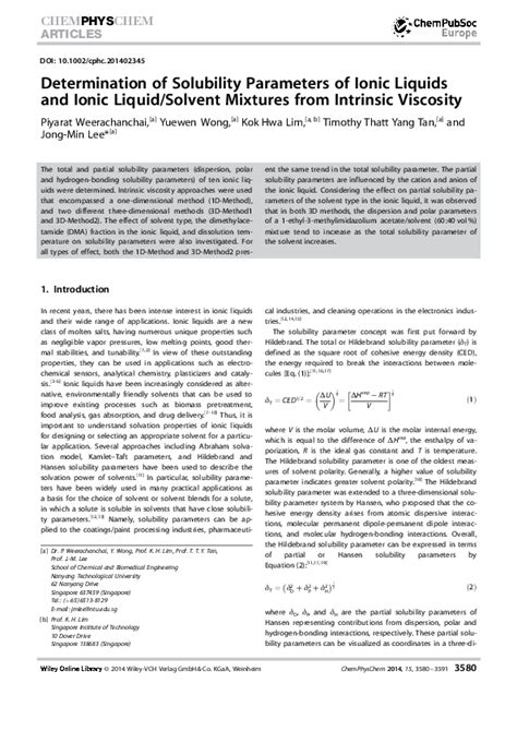 Determination Of Solubility Parameters Of Ionic Liquids And Ionic Liquidsolvent Mixtures From