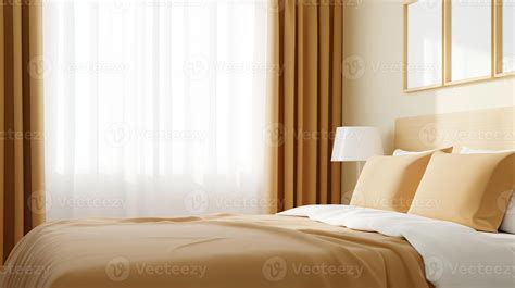 Cozy Modern Bedroom With Salted Caramel Accents Featuring Soft Bedding And Warm Curtains
