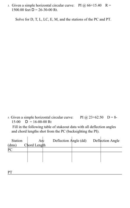 Solved Given A Simple Horizontal Circular Curve PI Chegg