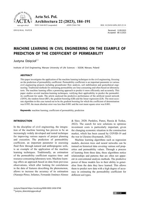 Pdf Machine Learning In Civil Engineering On The Example Of