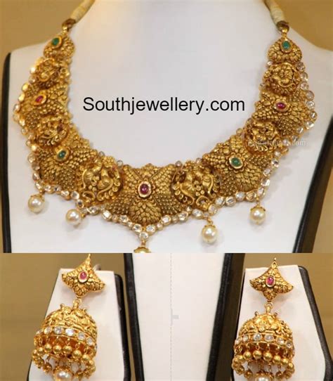 Antique Gold Peacock Necklace And Jhumkas Indian Jewellery Designs