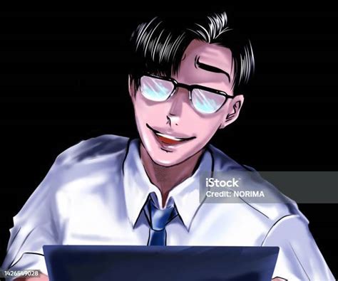 검은 머리와 안경을 착용 한 악의적 인 불법 남성의 컬러 만화 스타일 일러스트 레이 션은 불법 로그인으로 다른 사람의 암호와 개인 정보를 훔칩니다 It 지원에 대한 스톡