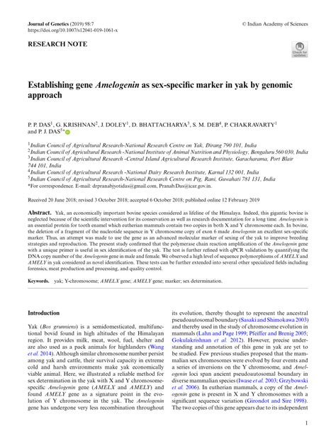 Pdf Establishing Gene Amelogenin As Sex Specific Marker In Yak By