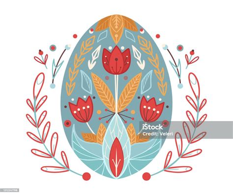 튤립과 부족 장식기와 기하학적 꽃 패턴 부활절 달걀의 평면 그림 꽃화환으로 축제봄 을 맞이합니다 엽서 꽃 식물에 대한 스톡 벡터 아트 및 기타 이미지 Istock
