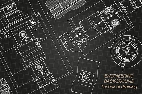 검은 바탕에 있는 기계 공학 도면 ⁇ 프 도구 보러 기술 디자인 커버 블루프린트 ⁇ 터 일러스트레이션 프리미엄 벡터