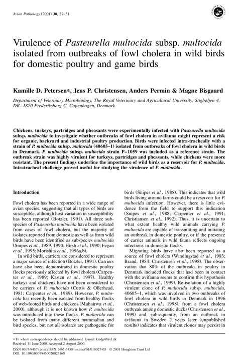 Pdf Virulence Of Pasteurella Multocida Subsp Multocida Isolated From Outbreaks Of Fowl