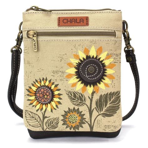 Chala Double Pocket Xbody Sunflower Canvas Crossbody Bag With Cell