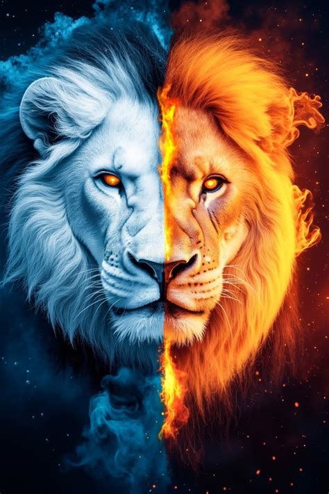 A Lion And A Lioness Face In The Middle Of A Fire And Smoke Stock Image