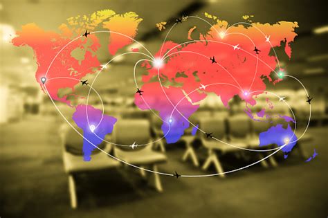 비행 노선 비행기 네트워크의 세계 지도 함께 추상 흐리게 공항 터미널 내부 글로벌 여행 물류 네트워크 개념입니다 공항에 대한 스톡 사진 및 기타 이미지 Istock