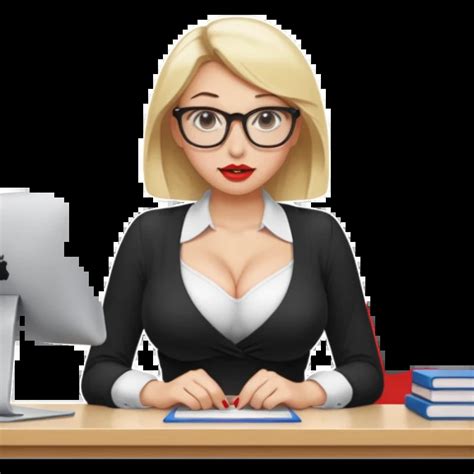 Blond Lady Big Boobs Glasses Short Skirt White Shirt Cleavage Red Lipstick Bending Over Desk