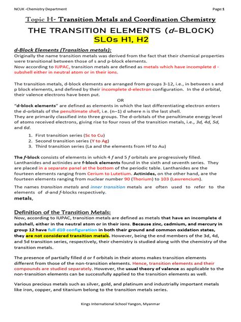 Transition Elements And Cordination Chemistry Ncuk Pdf Transition Metals Coordination Complex