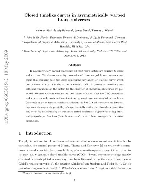 Pdf Closed Timelike Curves In Asymmetrically Warped Brane Universes