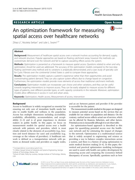 Pdf An Optimization Framework For Measuring Spatial Access Over Healthcare Networks