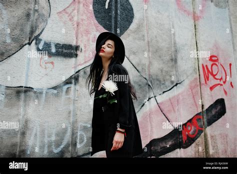 Sensual Girl All In Black Red Lips And Hat Goth Dramatic Woman Hold
