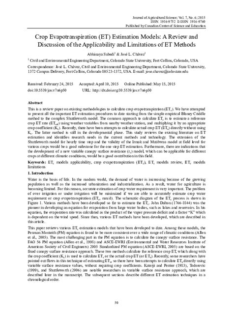 Pdf Crop Evapotranspiration Et Estimation Models A Review And Discussion Of The