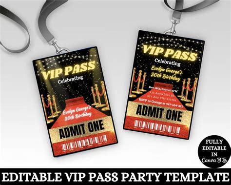 Editable Vip Pass Party Template Printable Red Carpet Vip Pass