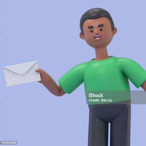 잘 생긴 아프리카 남자 데이비드가 봉투를 들고 있는 3d 그림 파란색 배경에 3d 렌더링 가공의 인물에 대한 스톡 사진 및 기타 이미지 Istock