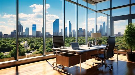 Premium Photo Stylish Modern Office With Panoramic City View And Hightech Computer Workspace