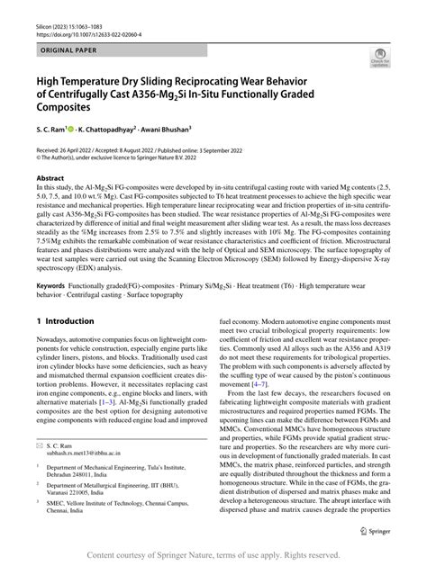 High Temperature Dry Sliding Reciprocating Wear Behavior Of Centrifugally Cast A356 Mg2si In