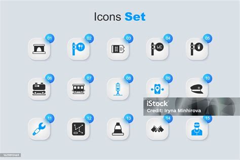 깃발 여객 열차 차량 카페 및 레스토랑 위치 렌치 스패너 기차 차장 운전사 모자 철도 터널 및 신호등 아이콘을 설정합니다 벡터 카페에 대한 스톡 벡터 아트 및 기타 이미지