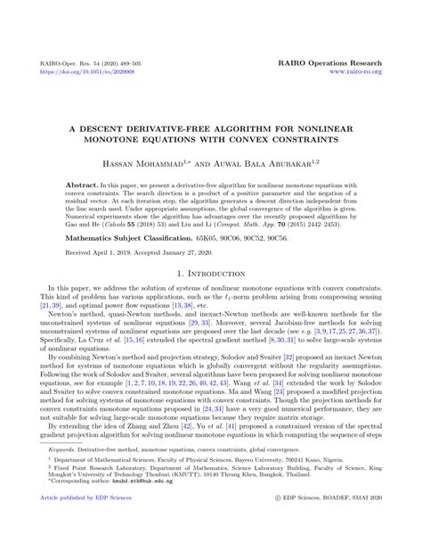 Pdf A Descent Derivative Free Algorithm For Nonlinear Monotone Equations With Convex Constraints