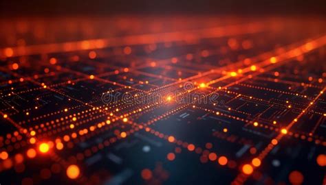 Abstract Futuristic Tech Design Glowing Orange Red Circuit Lines On